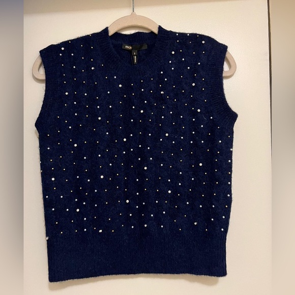 Maje | Tops | Maje Embellished Marine Blue Cable Knit Sweater Vest ...